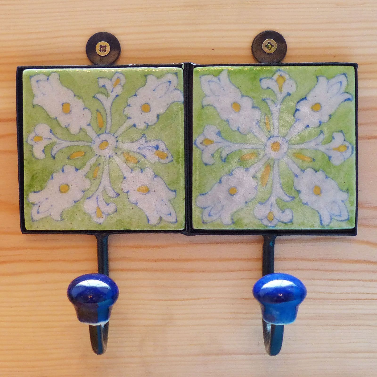 Indian ceramic tile hook - pale green with white flowers