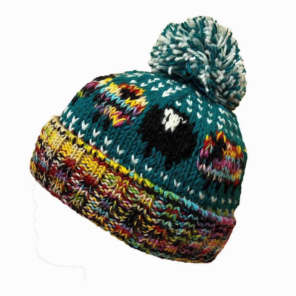 Rainbow / Green Bobble Hat With A Black Sheep
