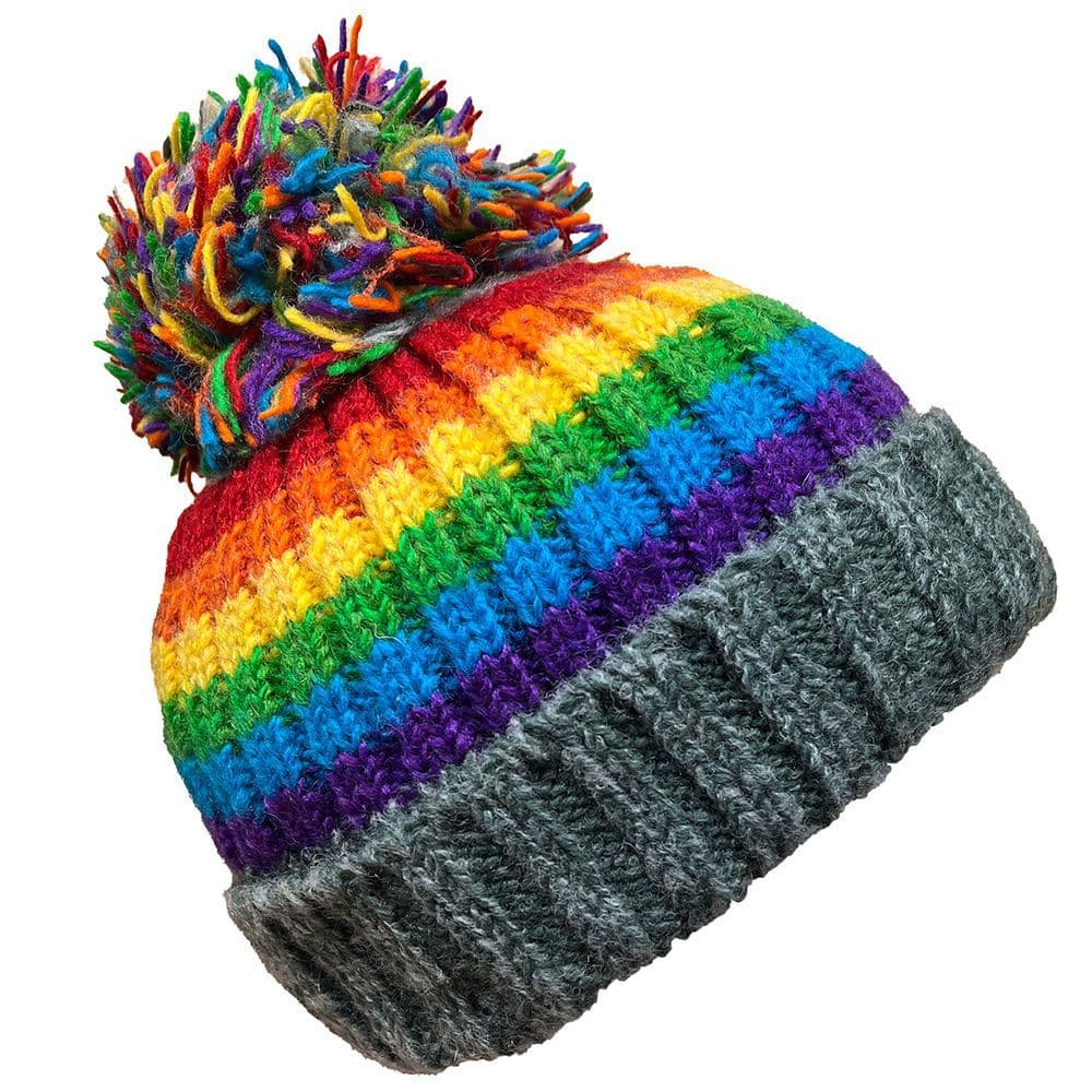 Rainbow Stripe Hat With Large Rainbow Bobble