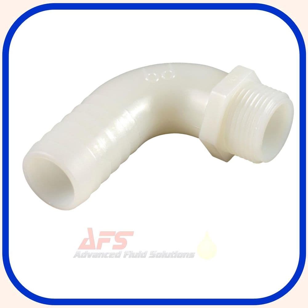 3/4 BSP 90 Degree Male x 22mm Hose Tail PA66 White Polyamide Nylon