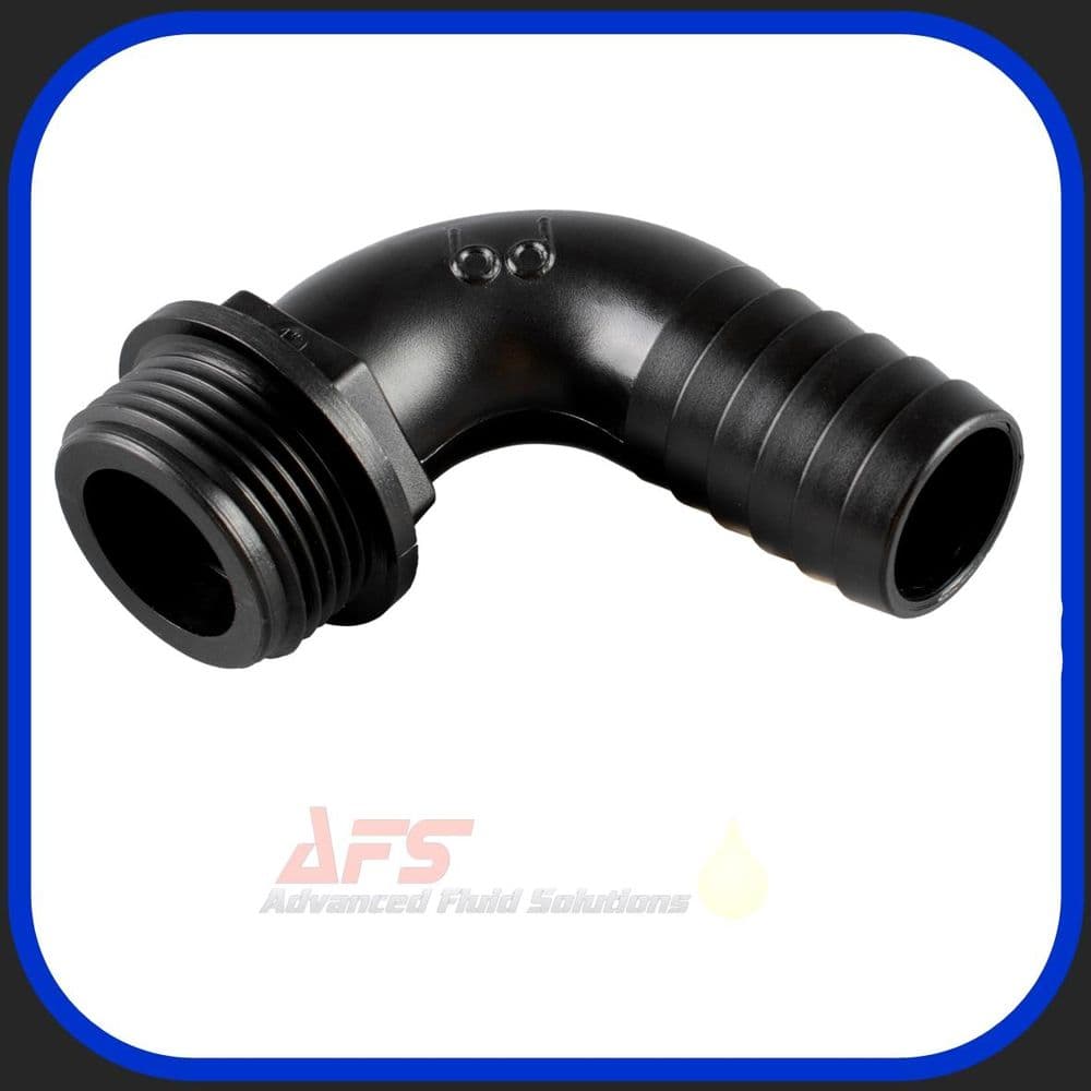 Black 1 BSP Male Thread x 22mm Barbed Hosetail 90° Elbow Polypropylene