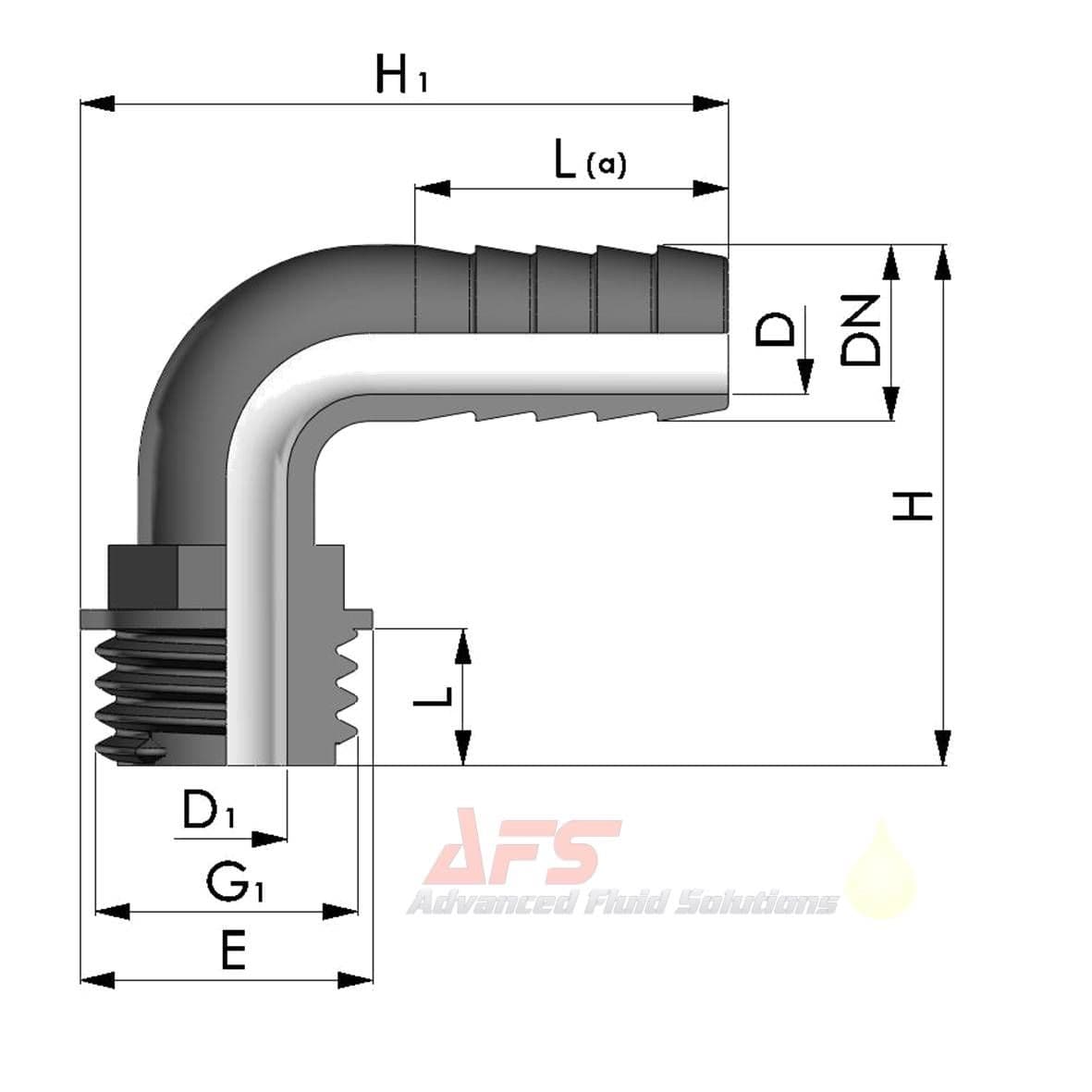 Black 1 BSP Male Thread x 30mm Barbed Hosetail 90° Elbow Polypropylene