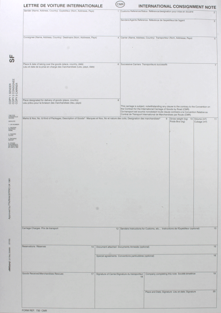 CMR International Laser consignment Note
