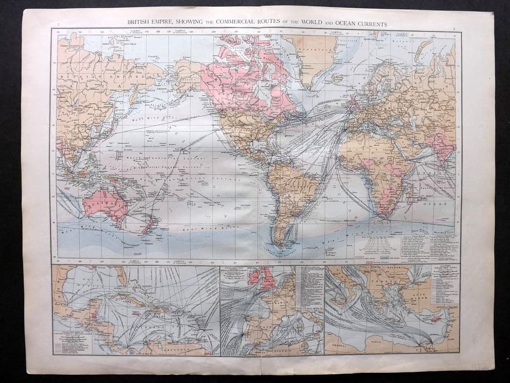 Times 1895 Antique Map British Empire Showing the commercial Routes of ...