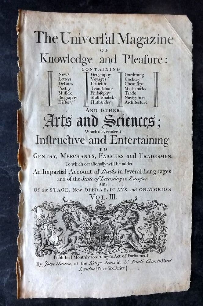 Universal Magazine 1748 Print Engraved Title Page Volume 3