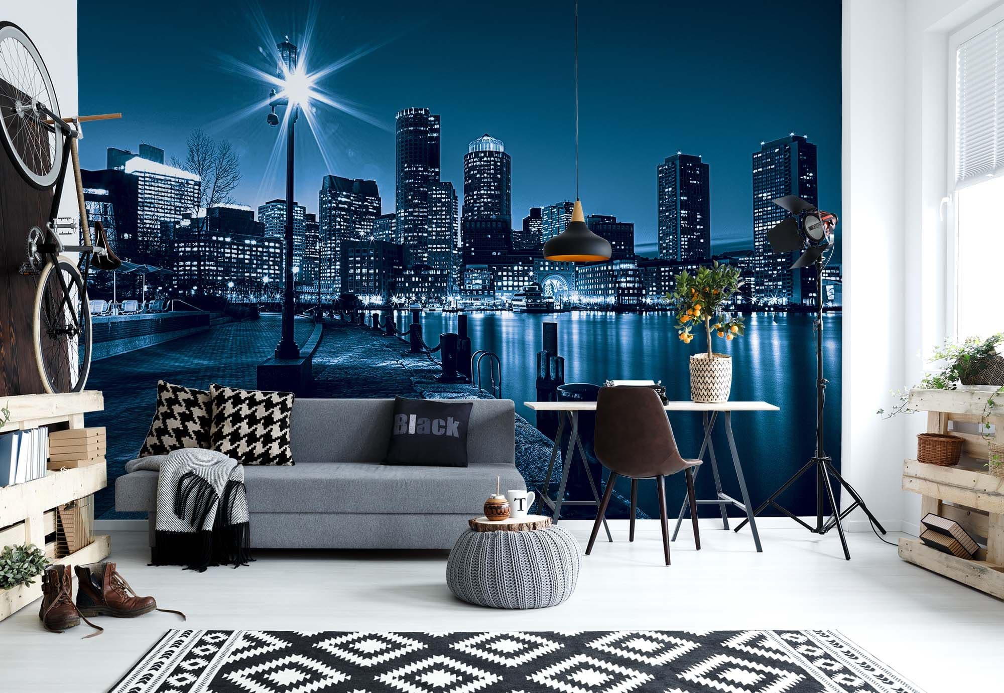 Blue city skyline at night wall mural