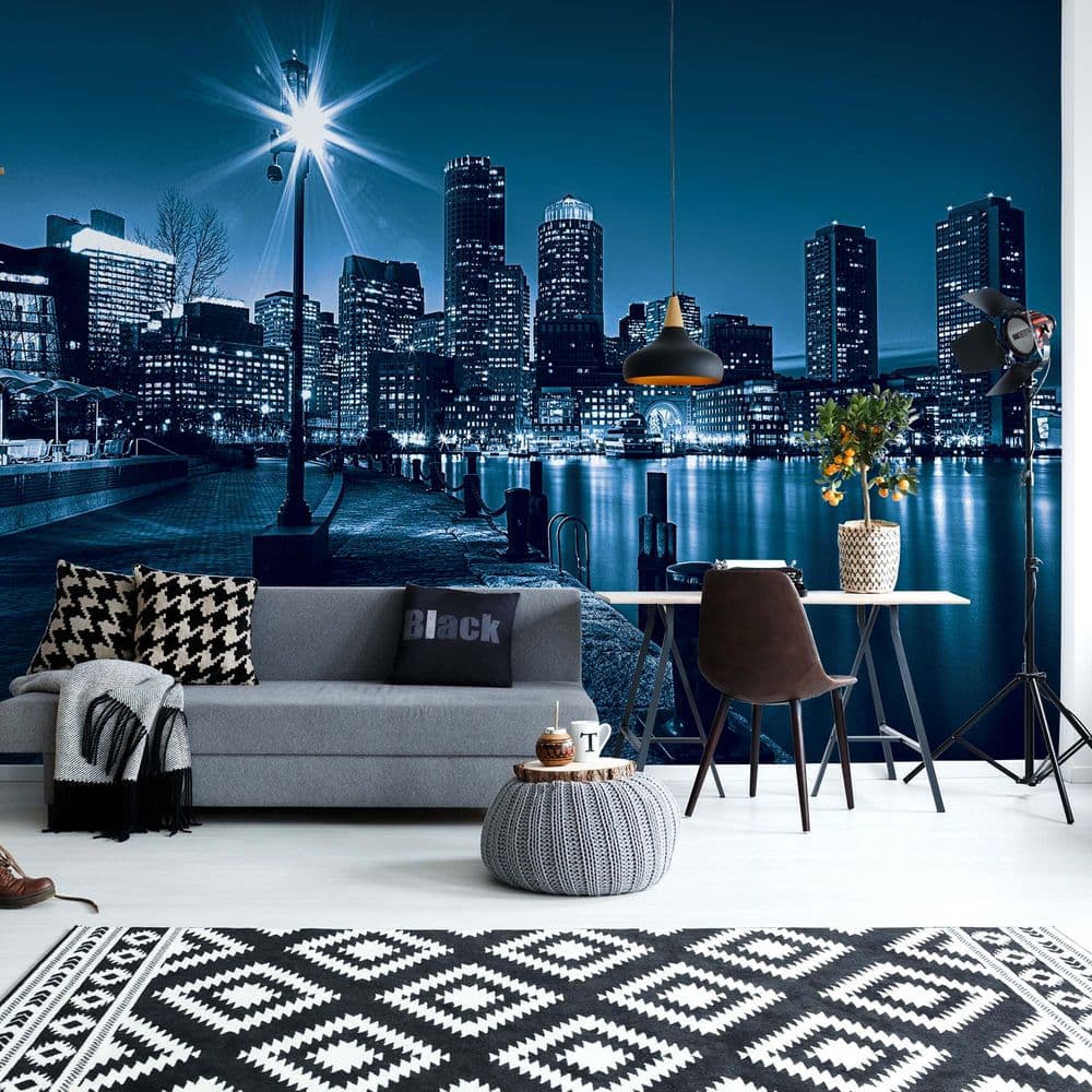 Blue city skyline at night wall mural