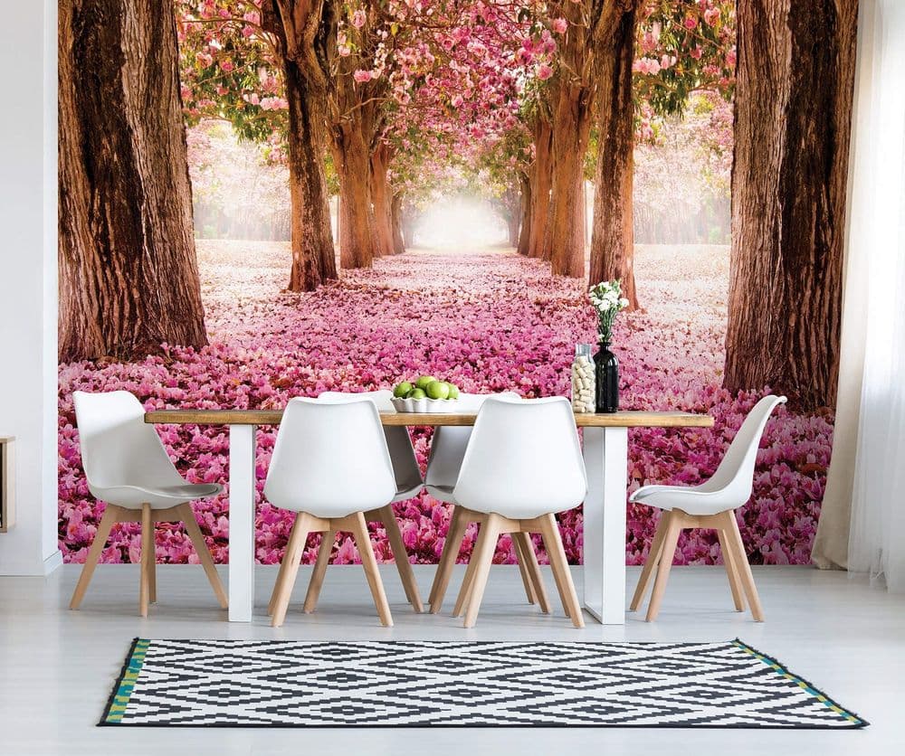 Pink trees Alley wallpaper murals by Homewallmurals.co.uk