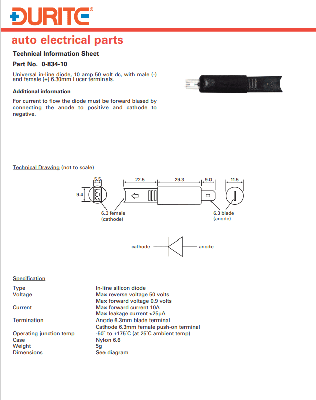 10 Amp In-line diode DuriteALT/0-834-10A