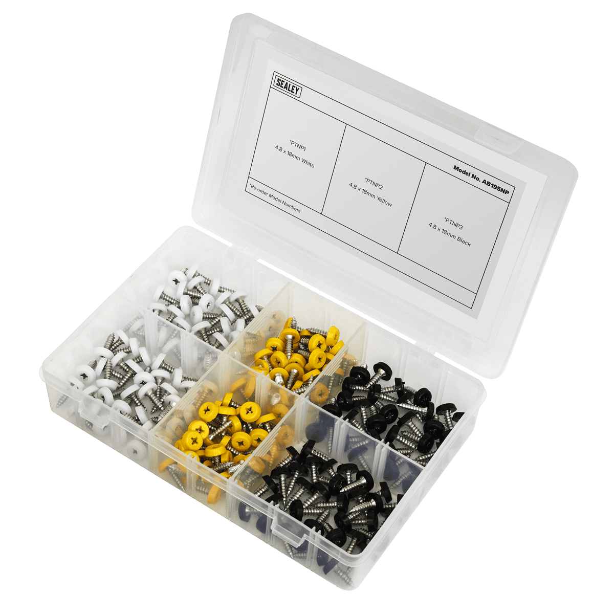 Numberplate Screw Assortment 195pc 4.8mm x 18mm - Plastic Enclosed Head