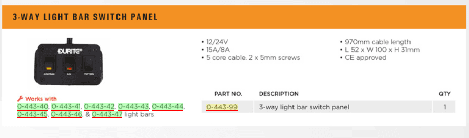 DURITE LIGHT BAR CONTROL SWITCH PANEL 0-443-99