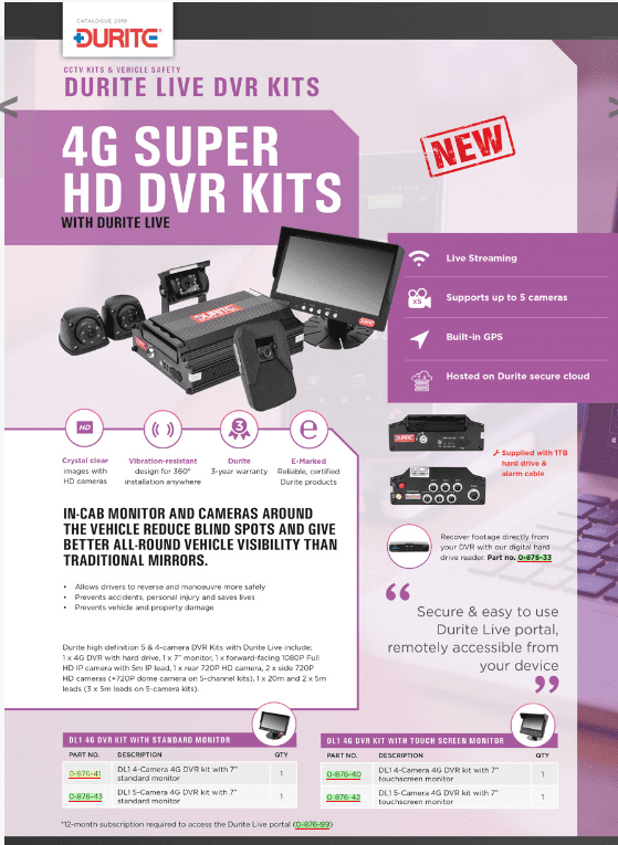 DURITE ALT/0-876-41 DL1 4 camera 4G DVR KIT with standard 7" monitor