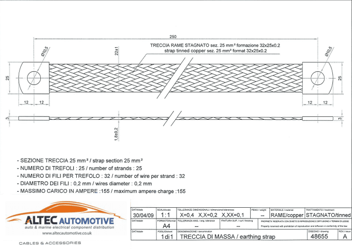 250mm FLAT BRAIDED EARTH STRAP / LEAD ALT/EEC25/250-09