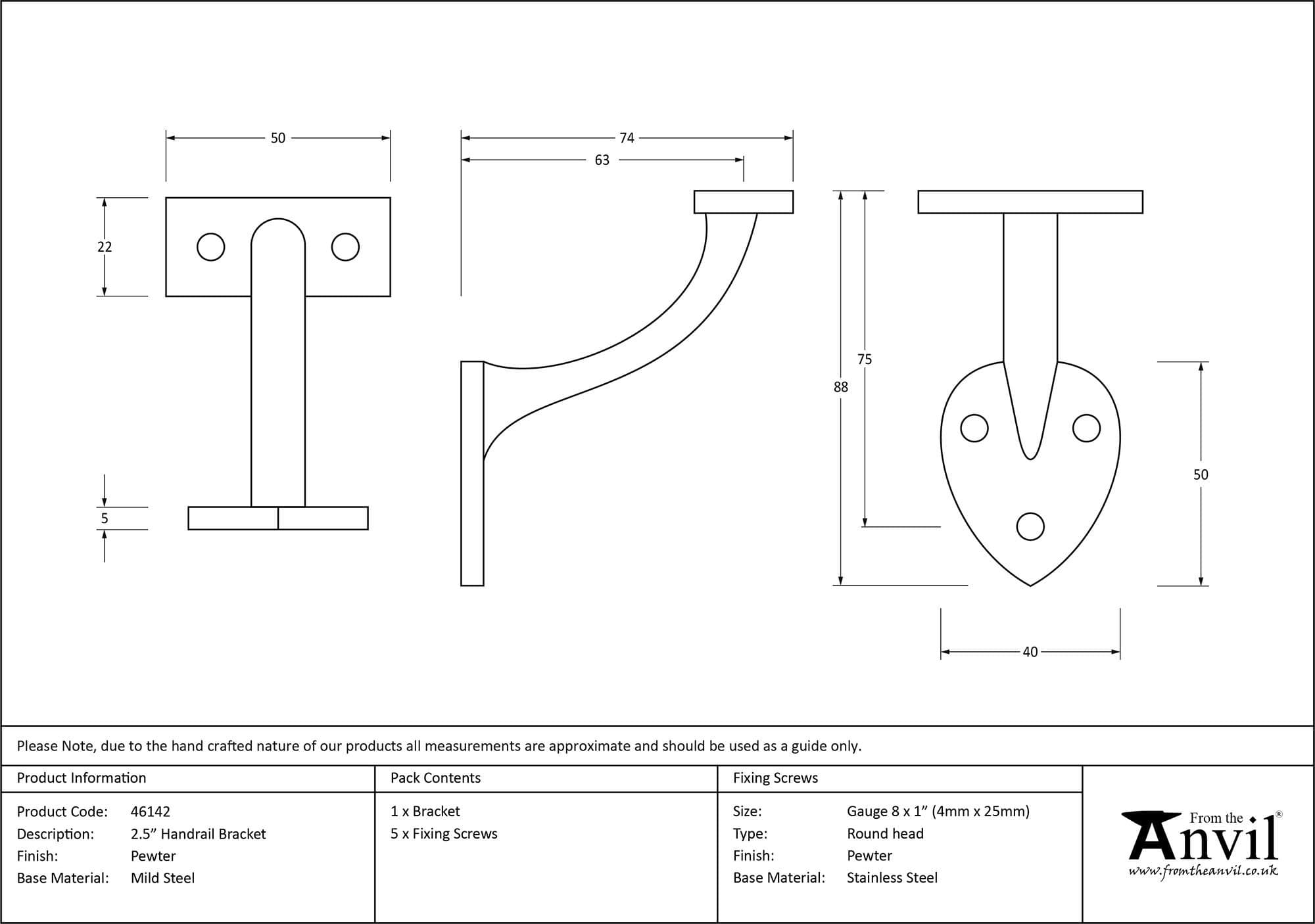 From The Anvil 46142 Pewter 2 5" Handrail Bracket