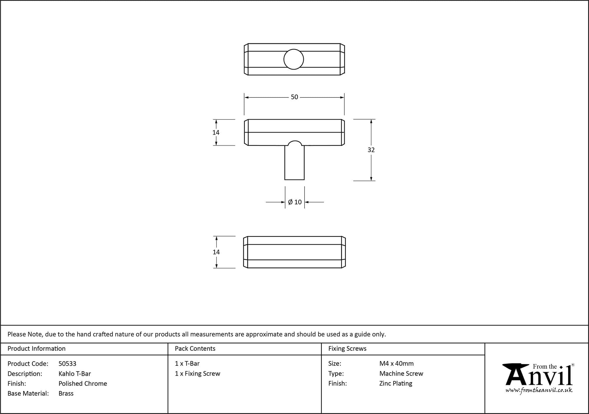 From The Anvil 50533 Polished Chrome Kahlo T-Bar Handle