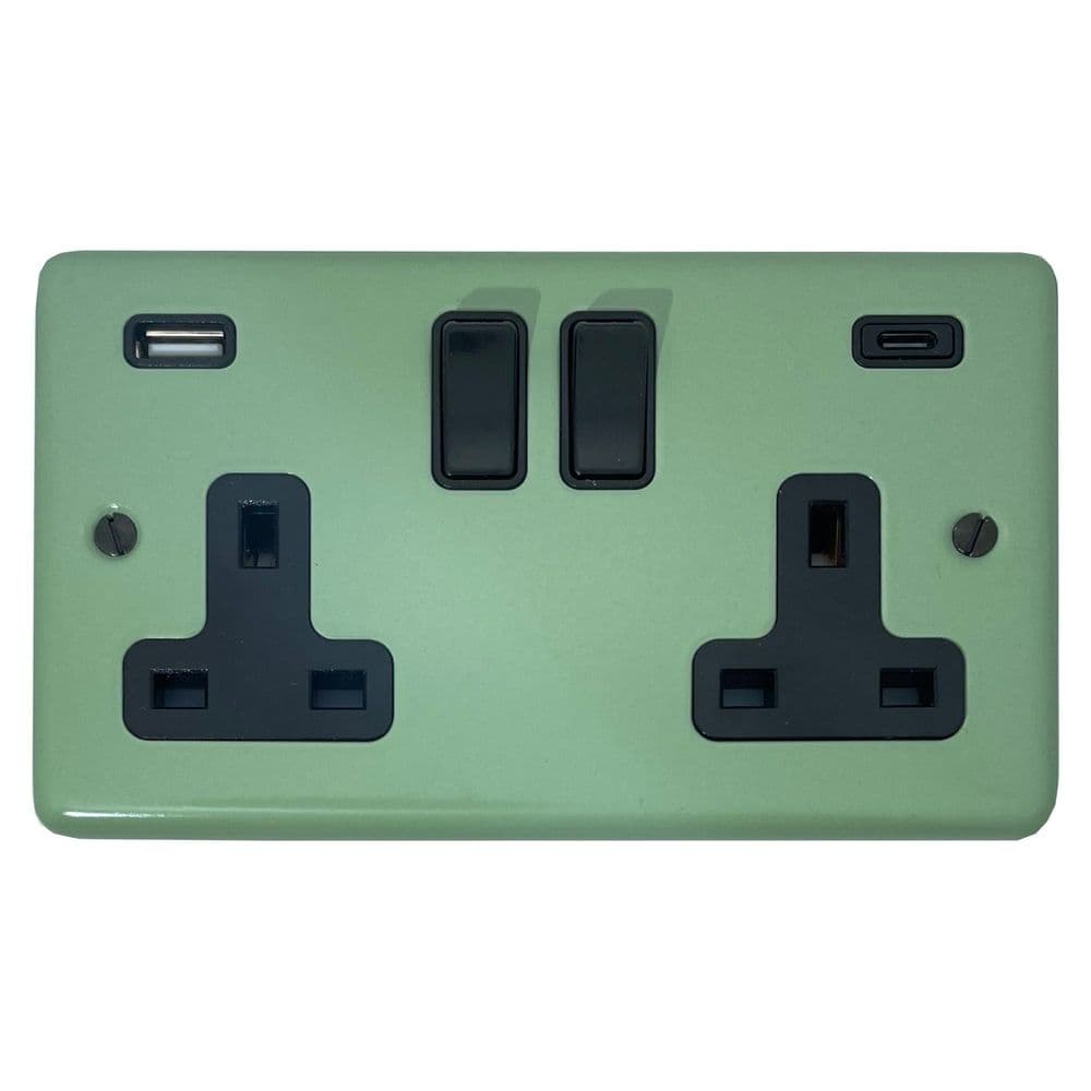 G&H CSG911B Standard Plate Sage Green 2 Gang Double 13A Plug Socket 3 ...