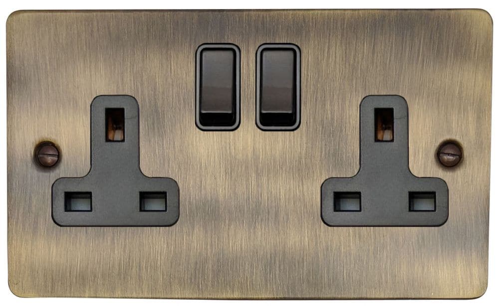 G&H FAB10B Flat Plate Antique Brass 2 Gang Double 13A Switched Plug Socket