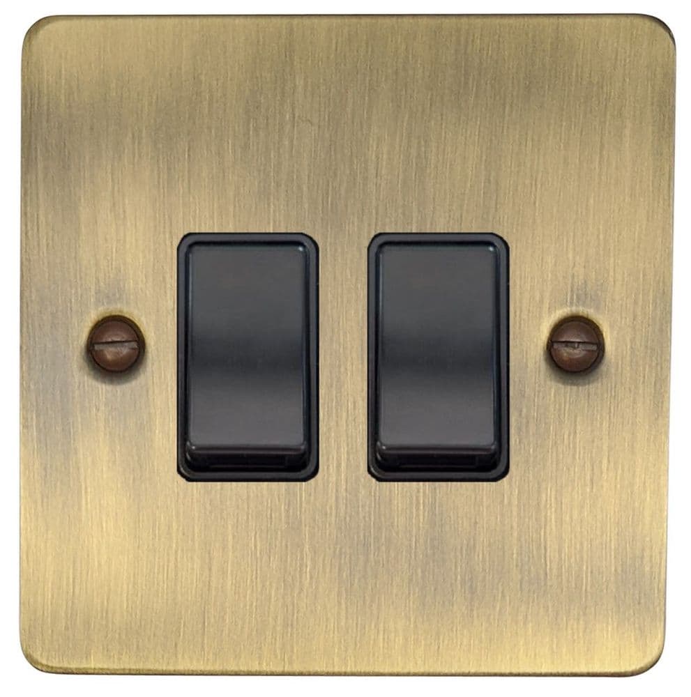 G&H FAB2B Flat Plate Antique Brass 2 Gang 1 or 2 Way Rocker Light Switch