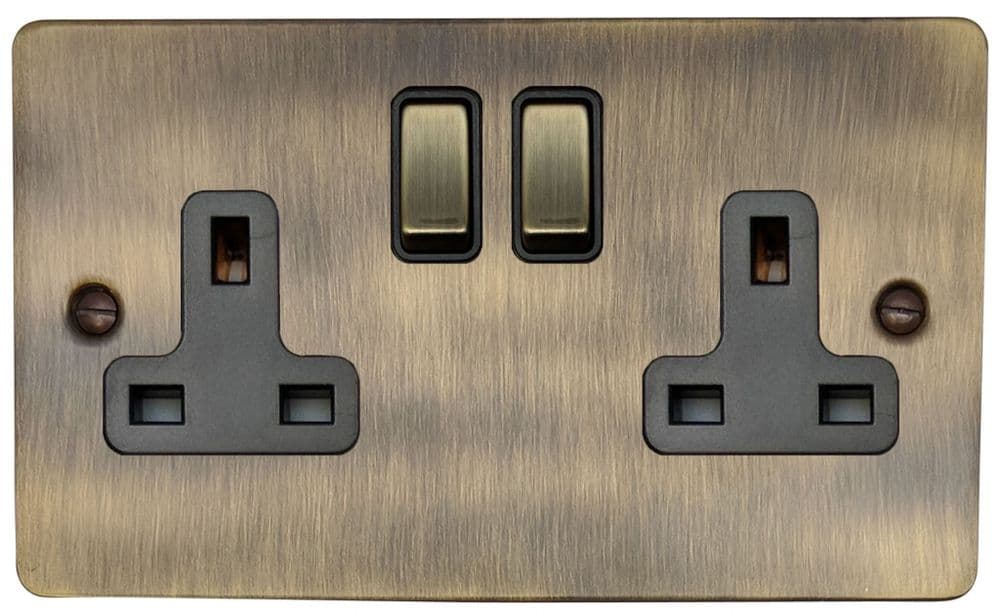 G&H FAB310 Flat Plate Antique Brass 2 Gang Double 13A Switched Plug Socket