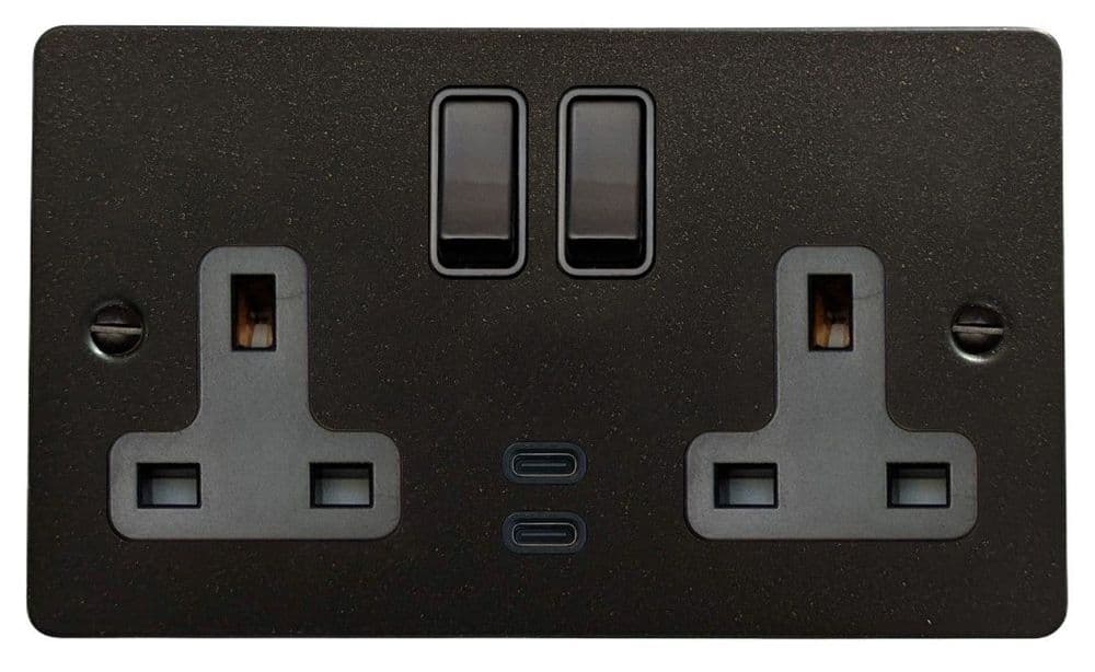 G&H FG913B Flat Plate Graphite 2 Gang Double 13A Plug Socket Dual 4 2A ...
