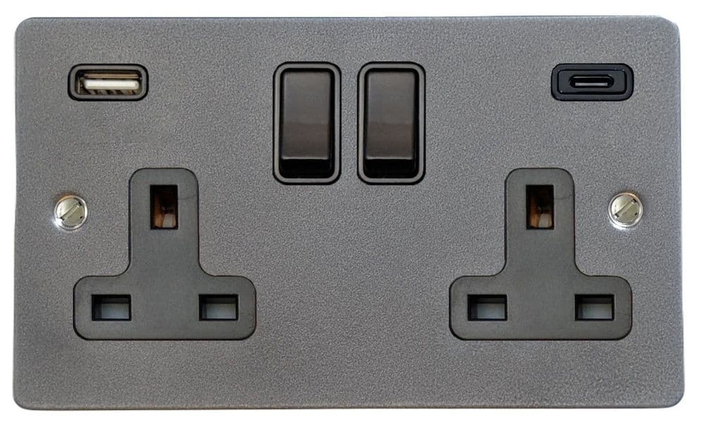 G&H FP911B Flat Plate Pewter 2 Gang Double 13A Plug Socket 3 1A USB A C