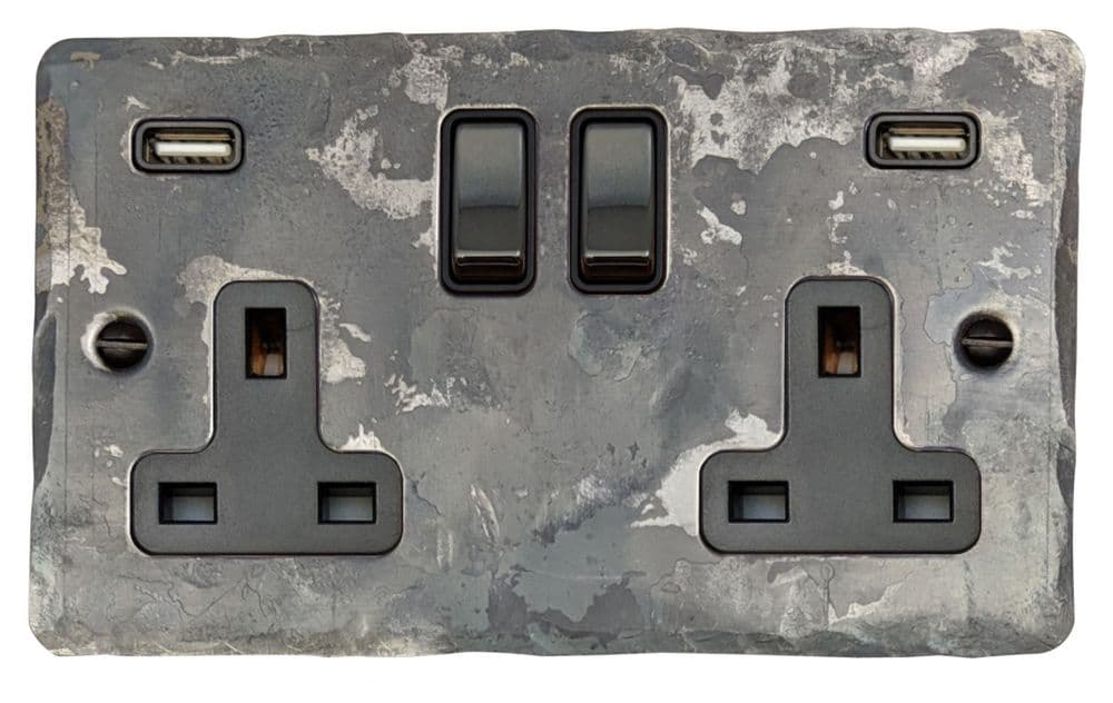 G&H FR3910-BN Flat Plate Rustic 2 Gang Double 13A Switched Plug Socket ...