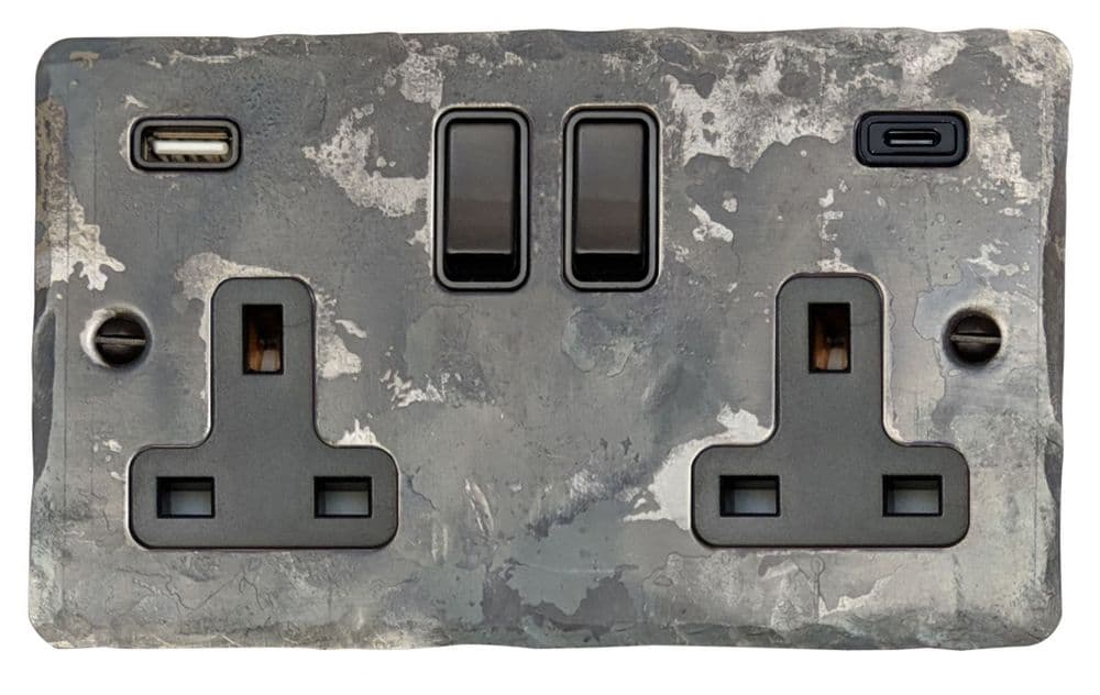 G&H FR911B Flat Plate Rustic 2 Gang Double 13A Plug Socket USB A C