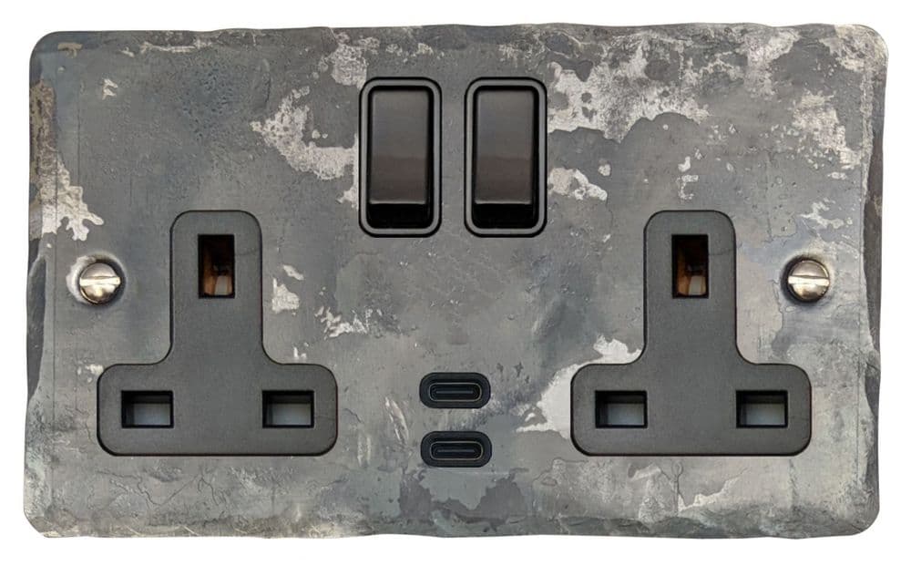 G&H FR913B Flat Plate Rustic 2 Gang Double 13A Plug Socket Dual 4 2A USB C