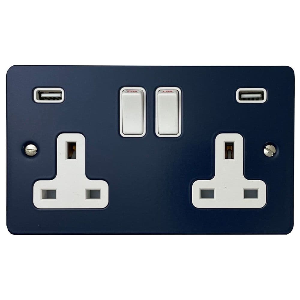 G&H FRB910W Flat Plate Blue 2 Gang Double 13A Switched Plug Socket USB