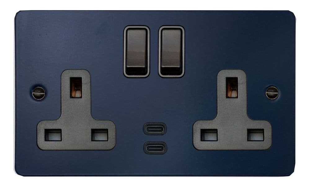 G&H FRB913B Flat Plate Blue 2 Gang Double 13A Plug Socket Dual 4 2A USB C