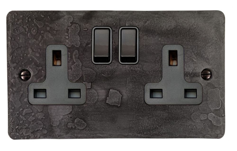 G&H FRP10B Flat Plate Rustic Pewter 2 Gang Double 13A Switched Plug Socket