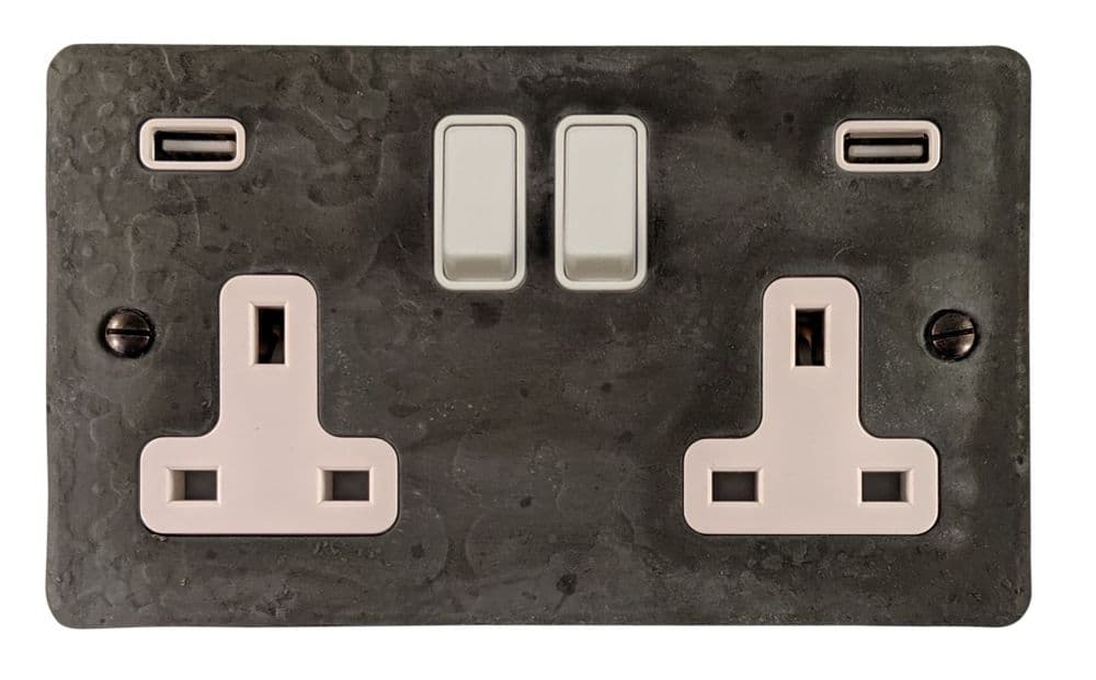 G&H FRP910W Flat Plate Rustic Pewter 2 Gang Double 13A Switched Plug ...