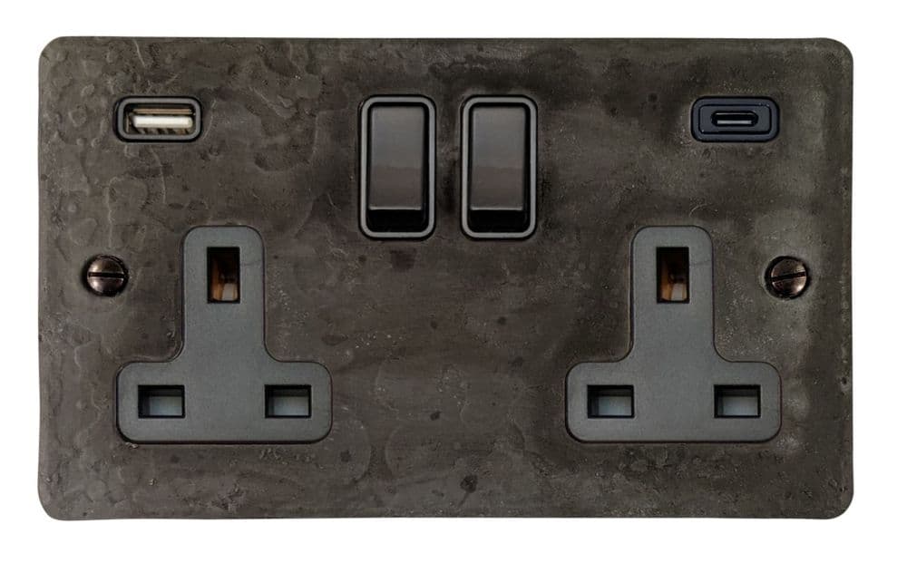 G&H FRP911B Flat Plate Rustic Pewter 2 Gang Double 13A Plug Socket 3 1A ...