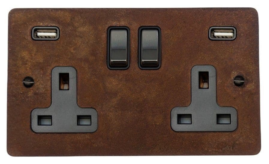 G&H FRT3910 Flat Plate Rust 2 Gang Double 13A Plug Socket 2 1A USB