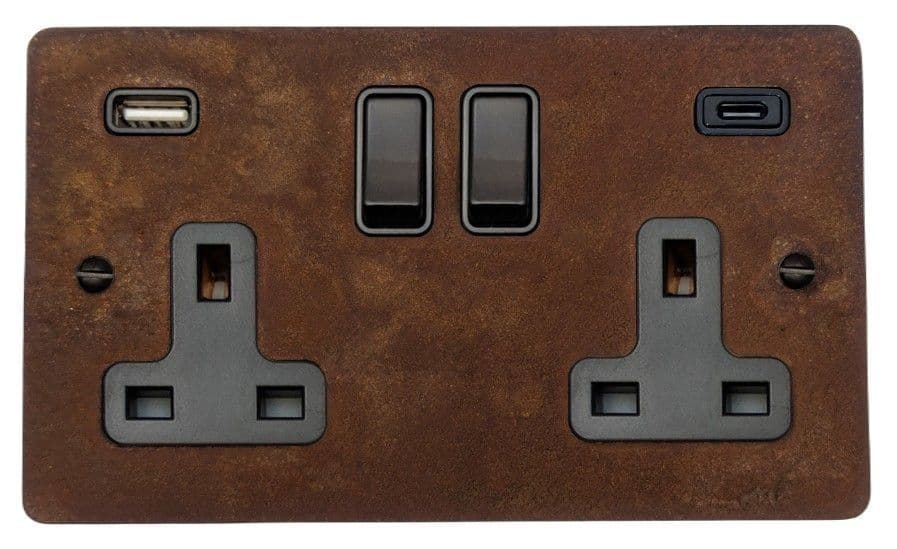 G&H FRT911B Flat Plate Rust 2 Gang Double 13A Plug Socket 3 1A USB A C