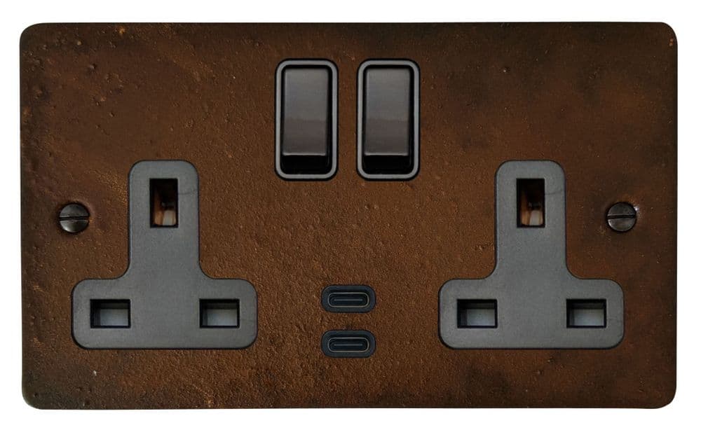 G&H FRT913B Flat Plate Rust 2 Gang Double 13A Plug Socket Dual 4 2A USB C