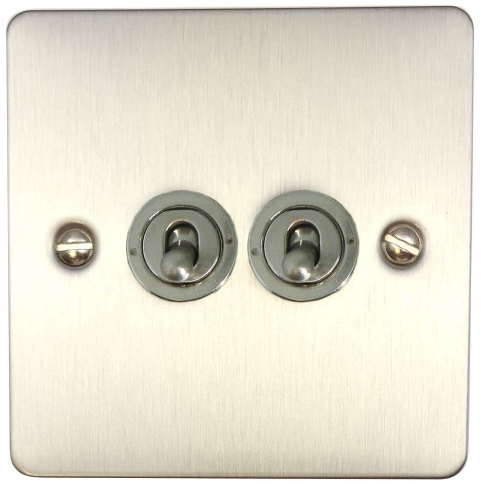 G&H FSS382-SS Flat Plate Brushed Steel 2 Gang 1 or 2 Way Toggle Light ...