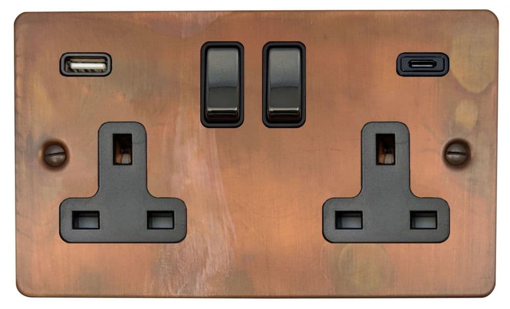 G&H FTC3911 Flat Plate Tarnished Copper 2 Gang Double 13A Plug Socket 3 ...