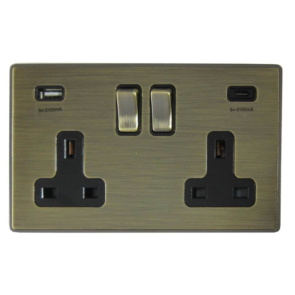 G&H LAB3911 Screwless Antique Brass 2 Gang Double 13A Plug Socket 3 1A ...