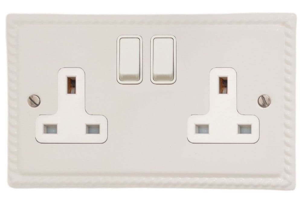 G&H MW10W Monarch Roped Matt White 2 Gang Double 13A Switched Plug Socket