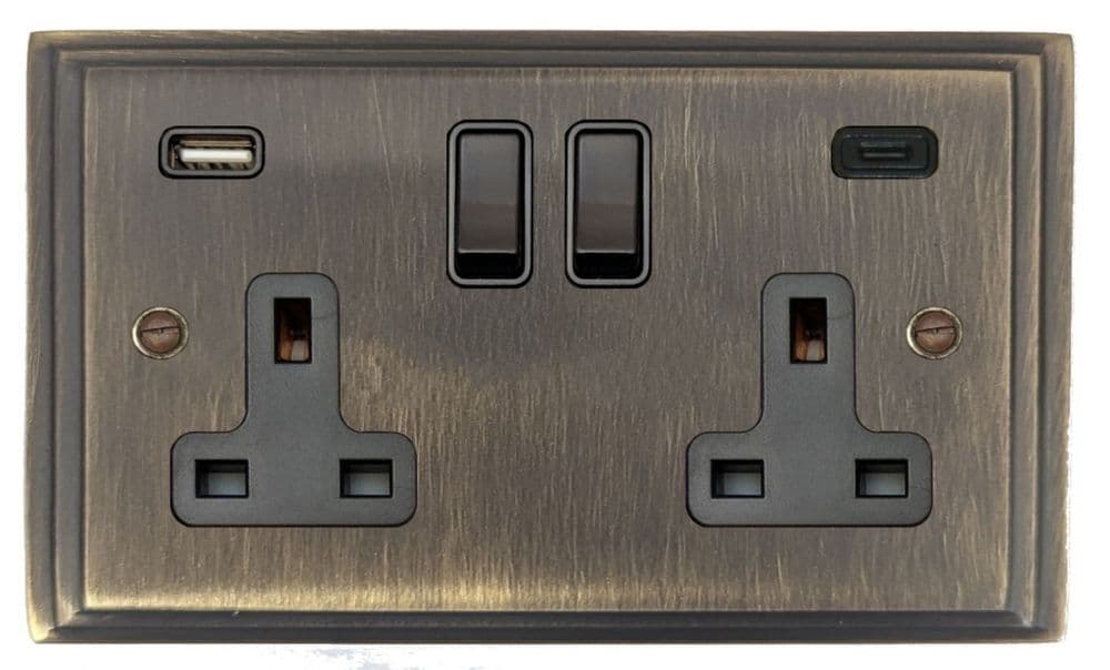 G&H VAB911B Victorian Plate Antique Brass 2 Gang Double 13A Plug Socket ...