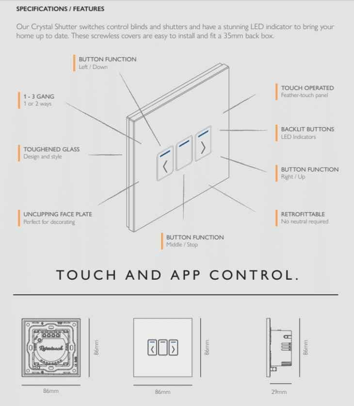 RetroTouch 1 Gang White Glass Touch WiFi Shutter Switch 01490