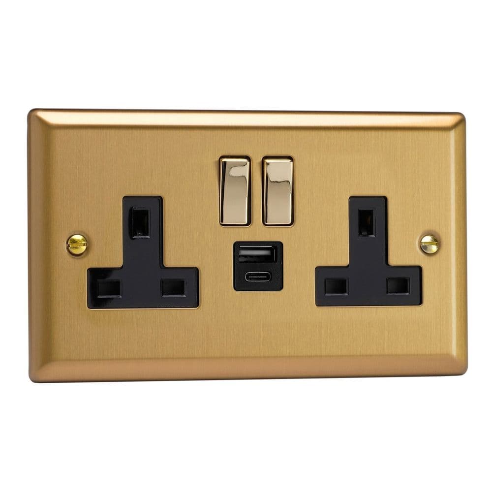 Varilight XB5UACDB Classic Brushed Brass 2 Gang 13A USB A C Plug Socket