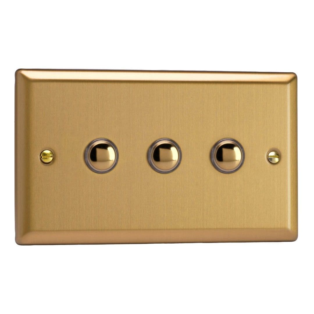 Varilight XBM3 Classic Brushed Brass 3 Gang 6A 1 or 2 Way Push-On/Off ...
