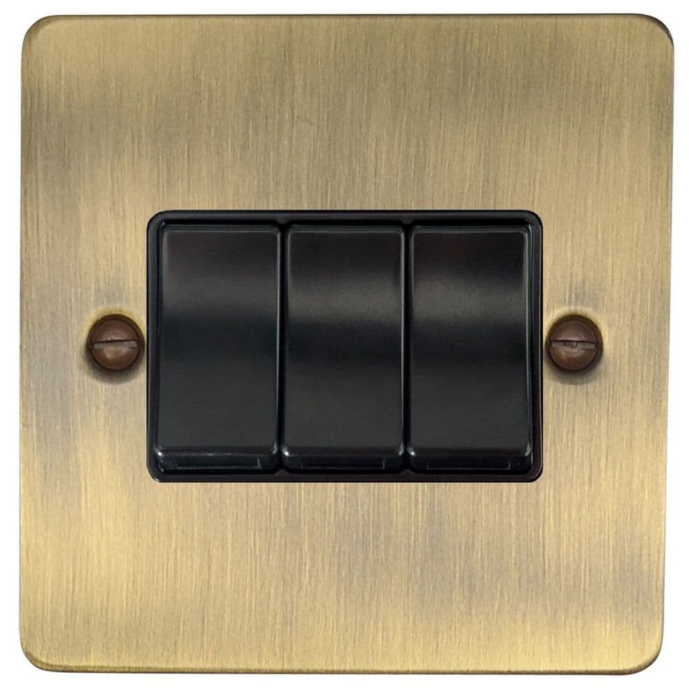 G&H FAB3B Flat Plate Antique Brass 3 Gang 1 or 2 Way Rocker Light Switch