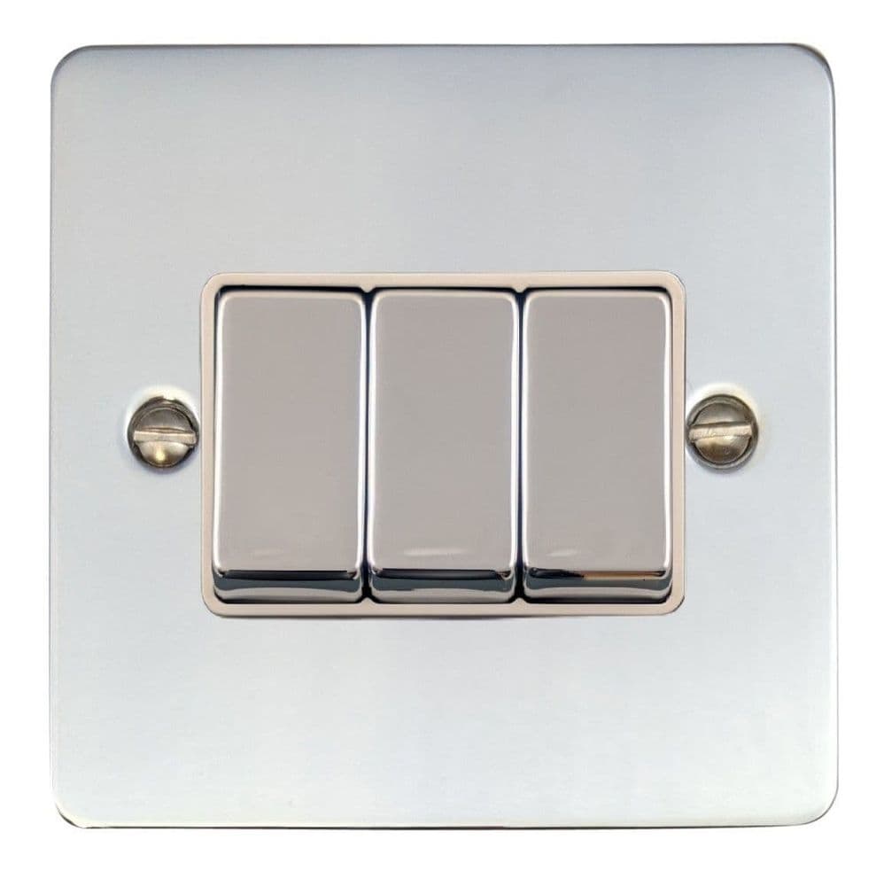 G&H FC203 Flat Plate Polished Chrome 3 Gang 1 or 2 Way Rocker Light Switch