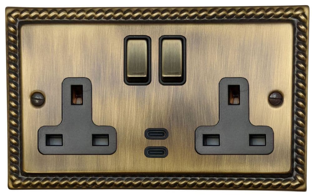 G&H MAB3913 Monarch Roped Antique Brass 2 Gang Double 13A Plug Socket ...