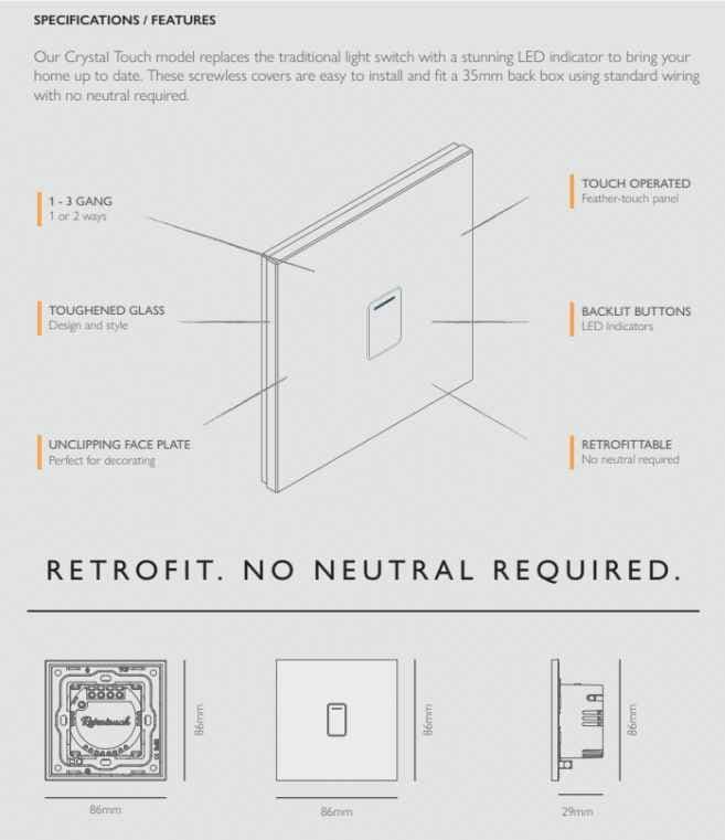 RetroTouch 3 Gang 1 Way Black Glass Touch Switch 01410
