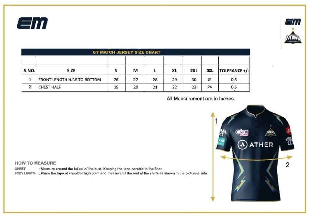 Gujarat Titans Match Jersey GT Mens Player Edition Shirt Tata IPL 2023