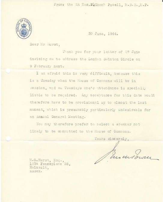 Enoch Powell Signed Typed Letter